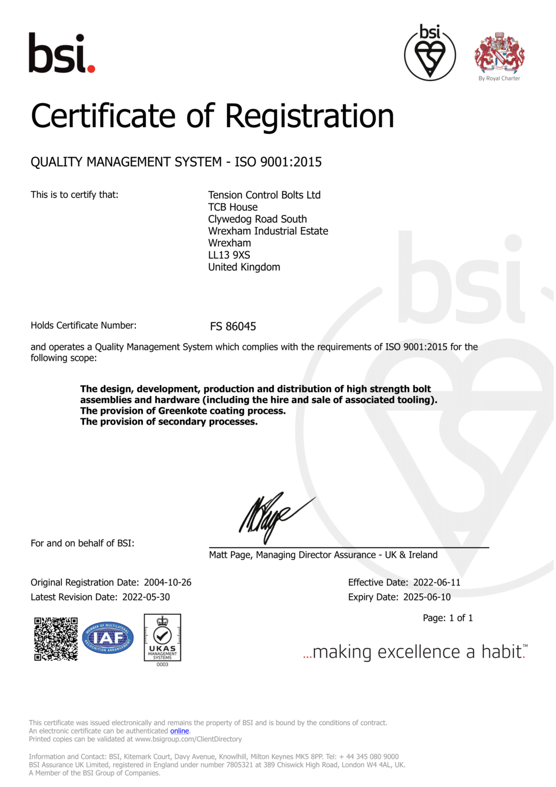 ISO 9001:2015 Re-certification | Tension Control Bolts Ltd